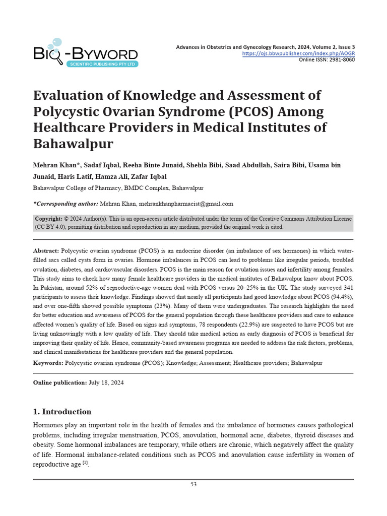 Evaluation of Knowledge and Assessment of Polycystic Ovarian Syndrome ...