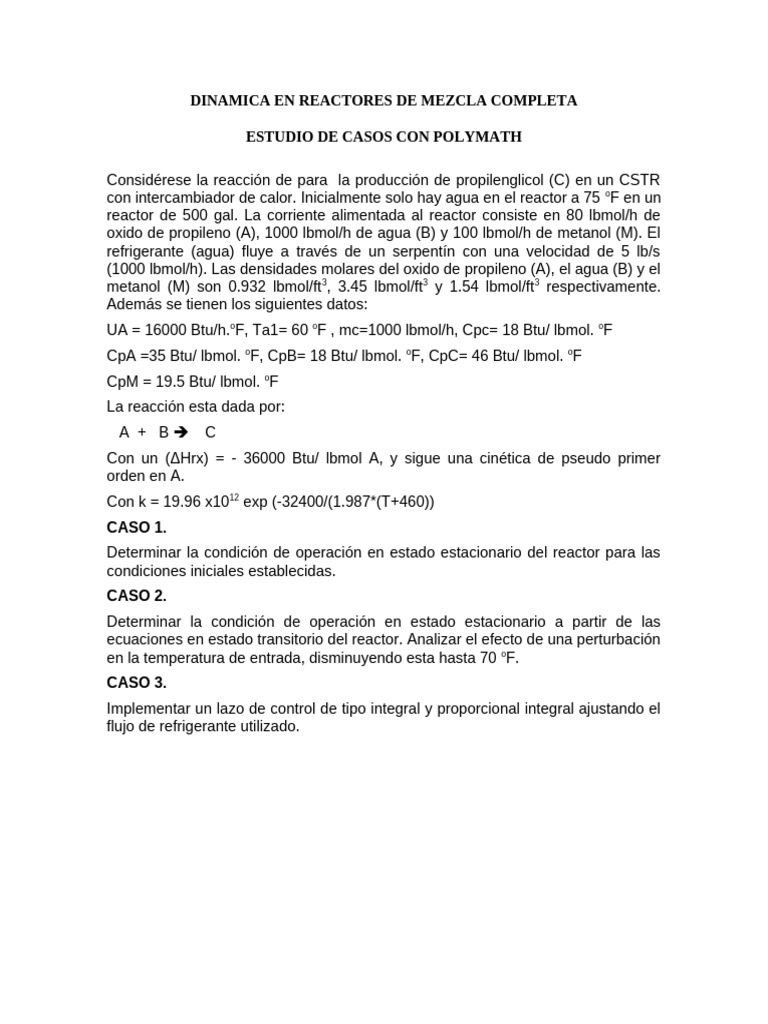 CASOS DINAMICA EN REACTORES DE MEZCLA COMPLETA | PDF | Equations