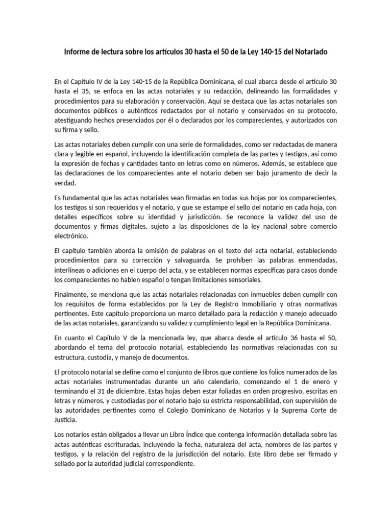 Informe de lectura sobre los artículos 30 hasta el 50 de la Ley 140-15 ...