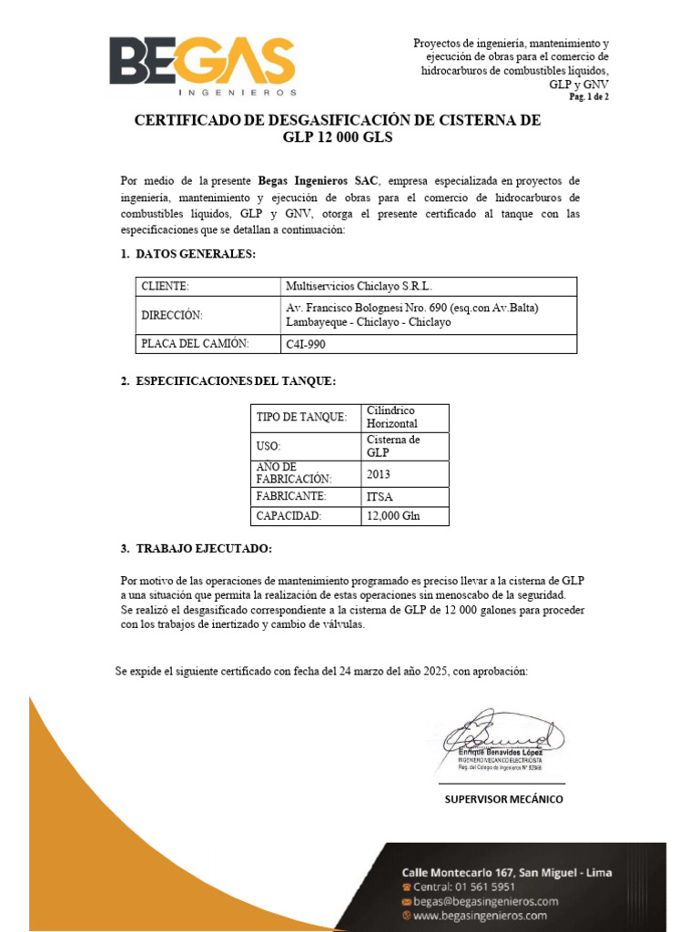 Certificado Desgasificación Cisterna GLP 12000 GLS | PDF