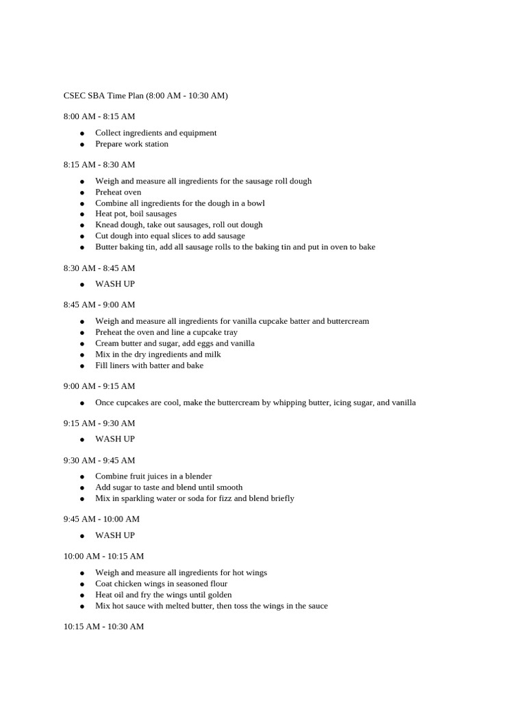 Csec Sba Time Plan (8 - 00 Am - 10 - 30 Am) | PDF | Cupcake | Dough