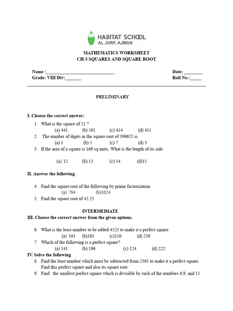 Grade 8 Square Roots Worksheet | PDF | Numbers | Mathematics