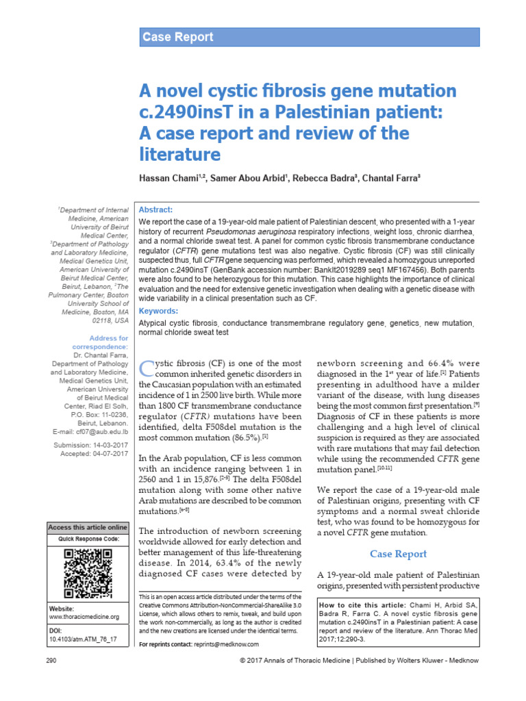 A Novel Cystic Fibrosis Gene Mutation C.2490inst in A Palestinian ...