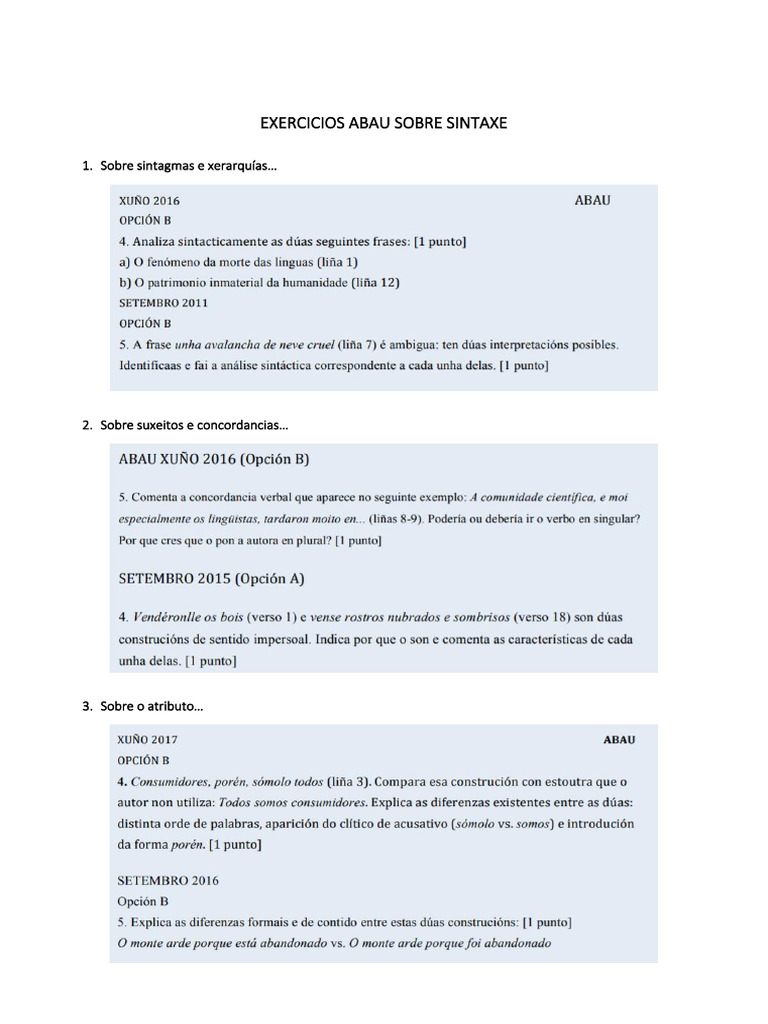 Algúns exercicios de ABAU SINTAXE | PDF