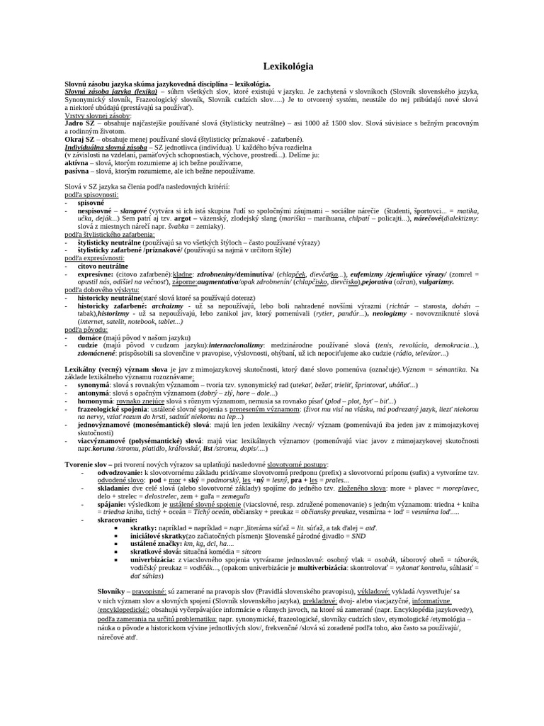 Lexikológia - Príprava Na Test | PDF