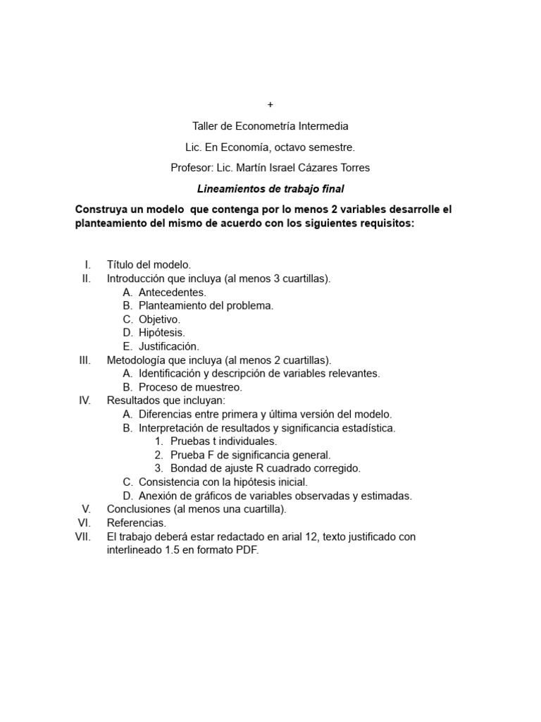 Lineamientos Del Trabajo Final de Taller de Econometría Intermedia | PDF