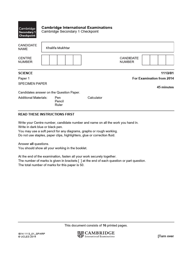 Cambridge Science Checkpoint Specimen Paper | PDF | Sun | Mercury (Planet)