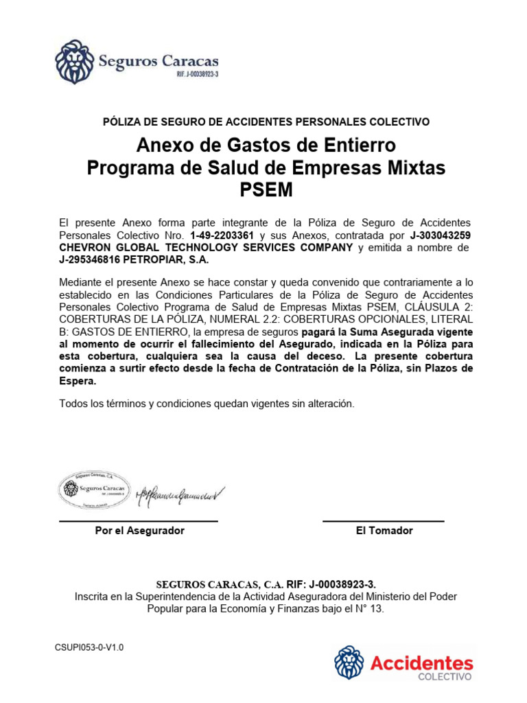 CSUPI053-0-V1.0 Anexo Gastos de Entierro - AP PSEM - PETROPIAR | PDF