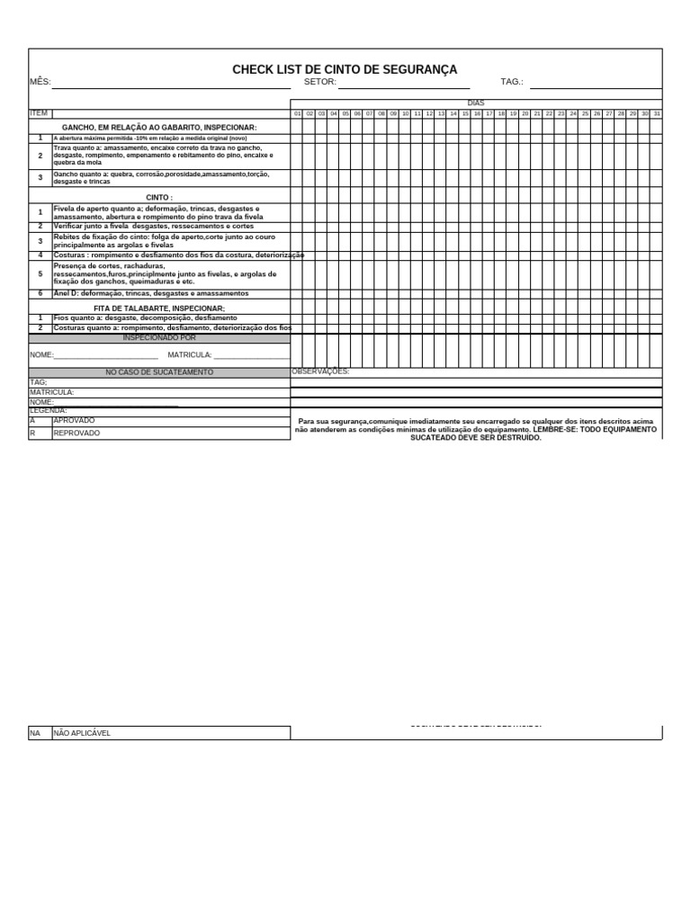 Check List Cinto de Segurança | PDF