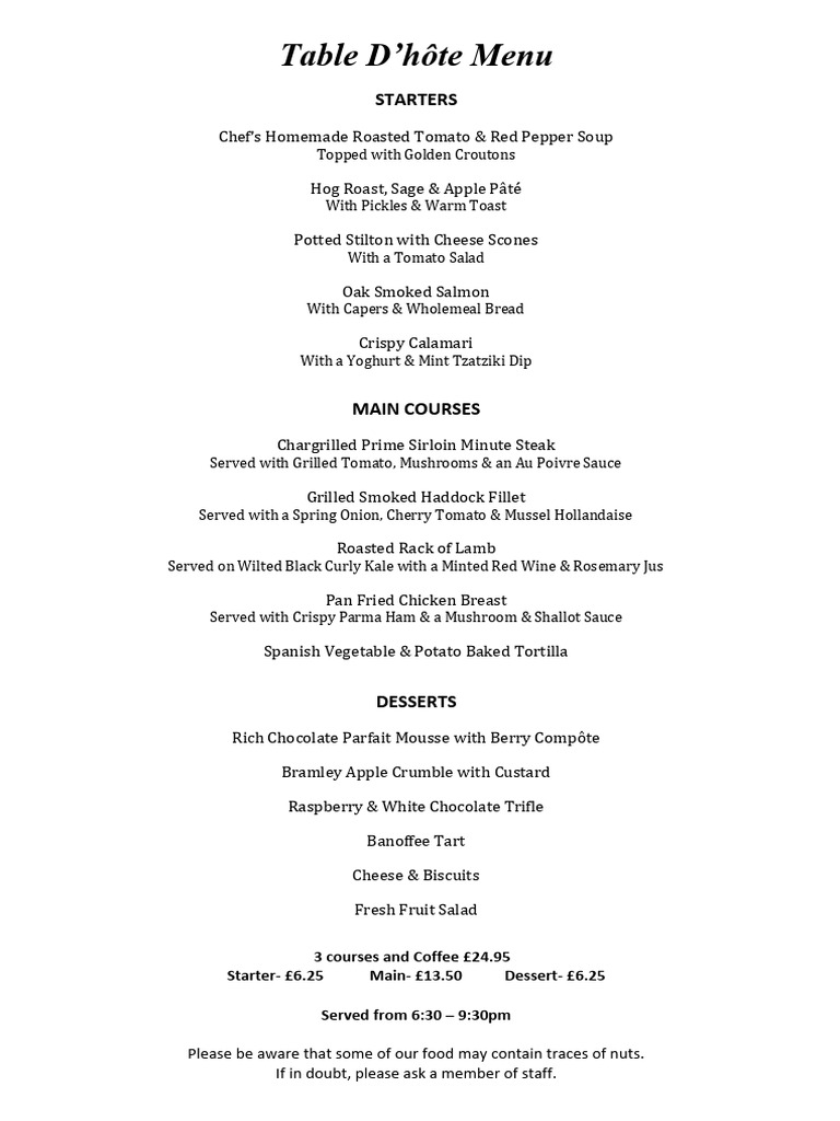 Table D'hôte Menu: Starters | PDF