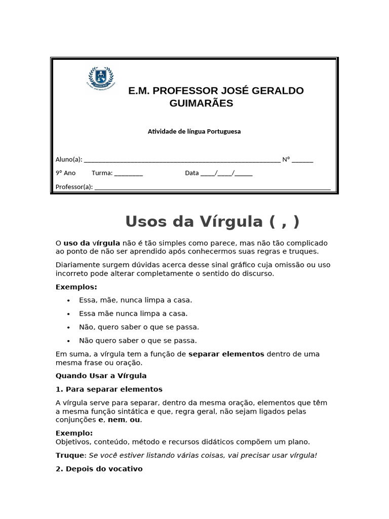 Regras do Uso da Vírgula em Português | PDF | Linguística