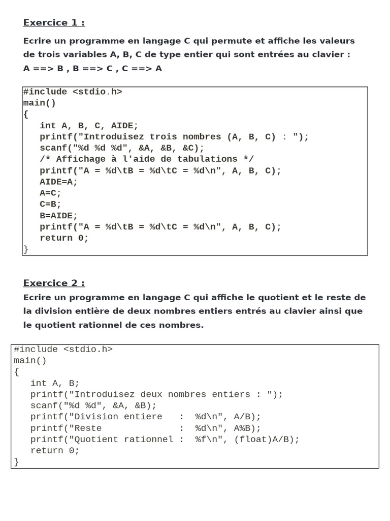 Exercice en langage c | PDF | Informatique | Programmation informatique