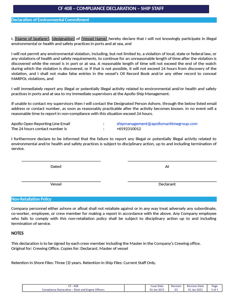 408 Compliance Declaration for Crew | PDF | Water Transport | Shipping