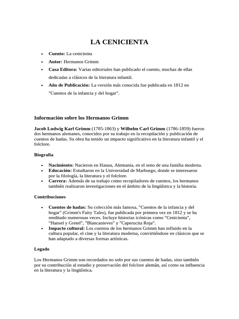La Cenicienta: Cuento Original de Grimm | PDF | Hermanos Grimm | Los ...
