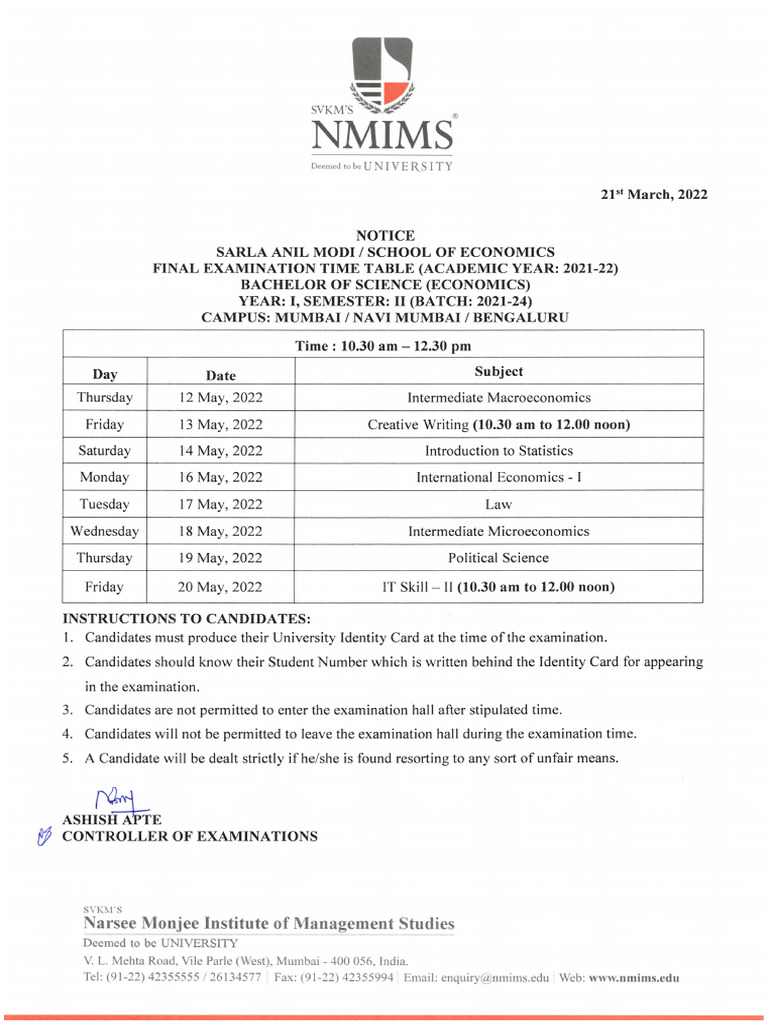B.Sc. Eco Semester II Final Exam Time Table | PDF