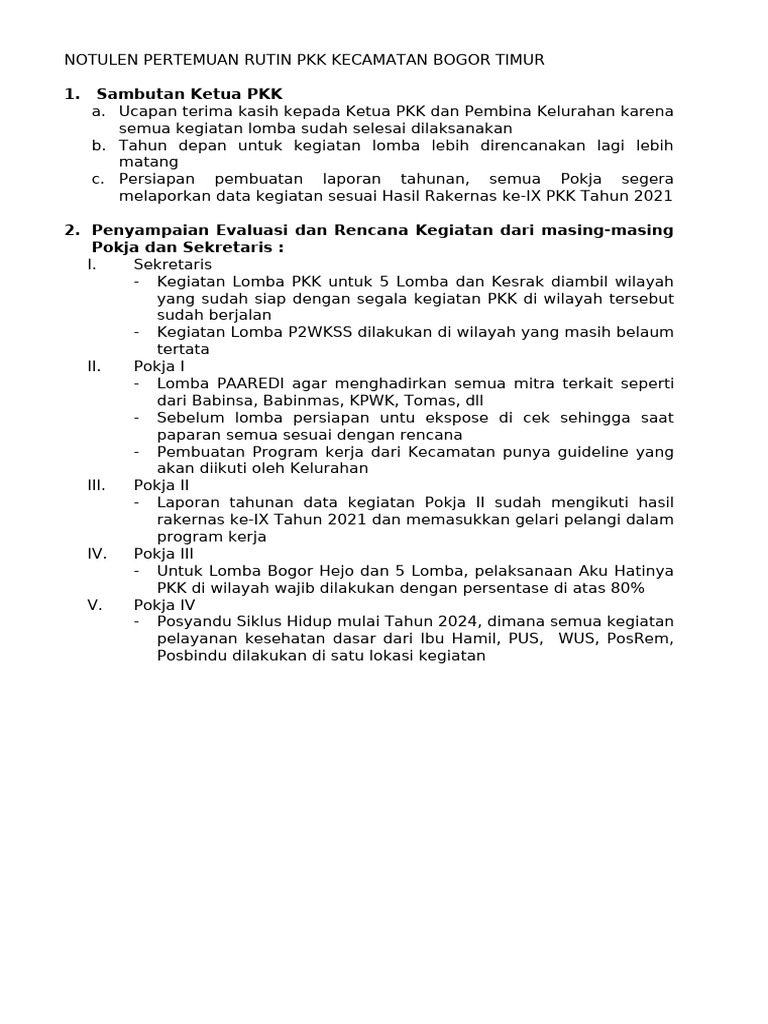 Notulen Pertemuan Rutin PKK Kec Botim | PDF