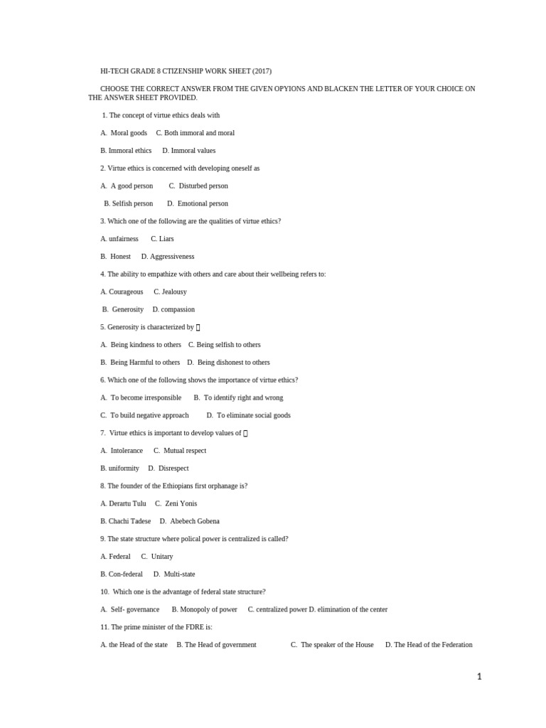 Work Sheetof Citizenship For Grade 82017 | PDF | Thought | Critical ...