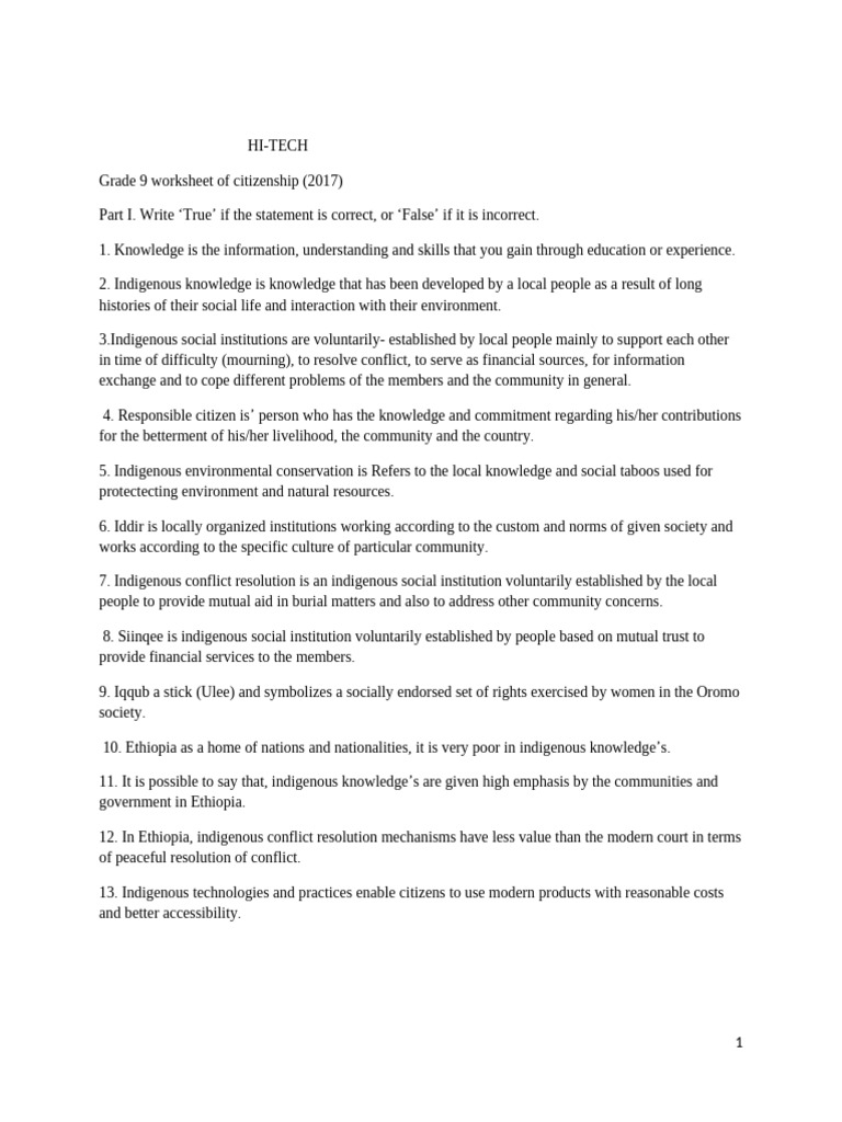 Grade 9 Citizenship Worksheet on Indigenous Knowledge | PDF | Community ...