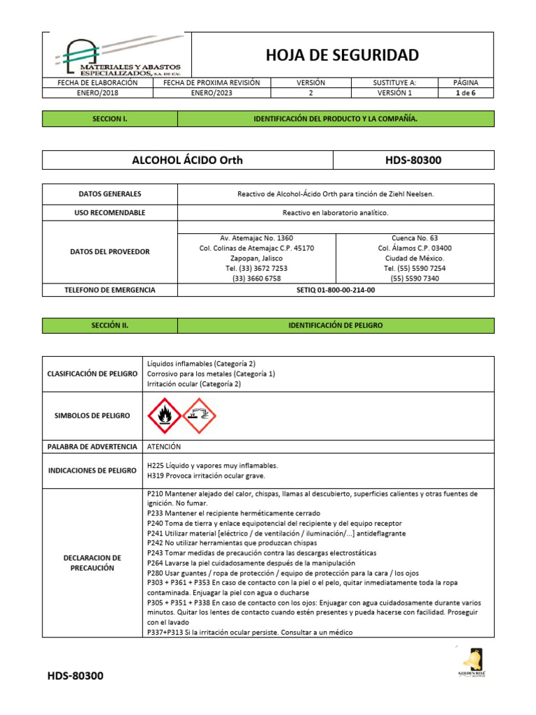 Hoja de Seguridad: Alcohol Ácido Orth | PDF | Agua | Química