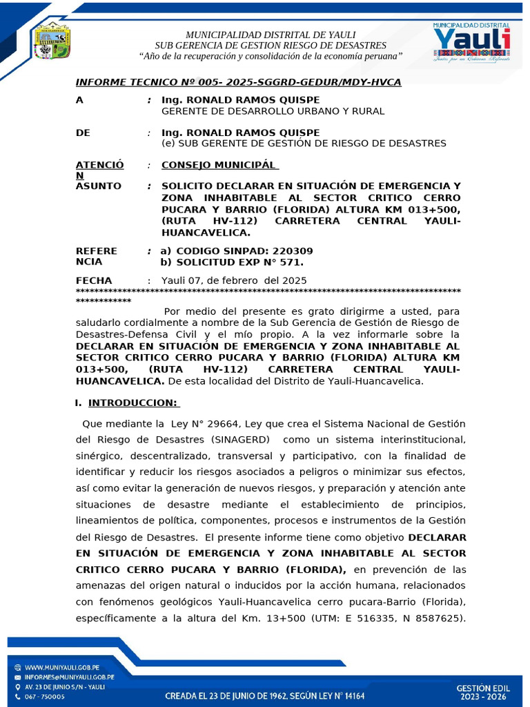 Informe Tecnico #001 Deslizamiento | PDF | Riesgo | Perú