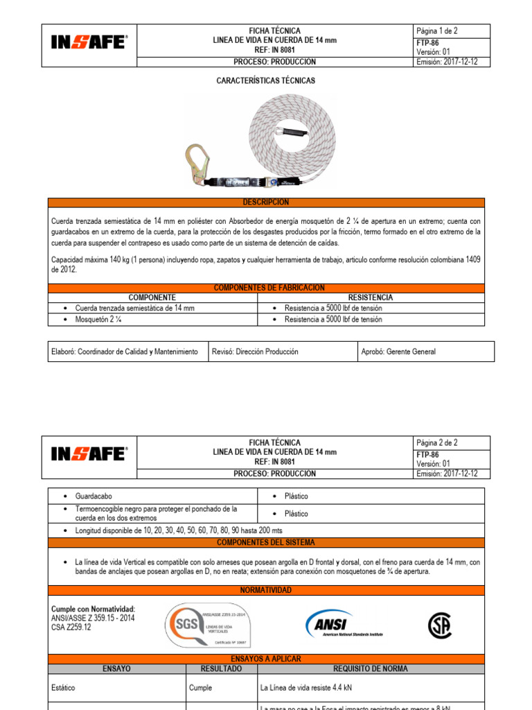 Ficha Tecnica Linea de Vida Soltein | PDF | Cuerda
