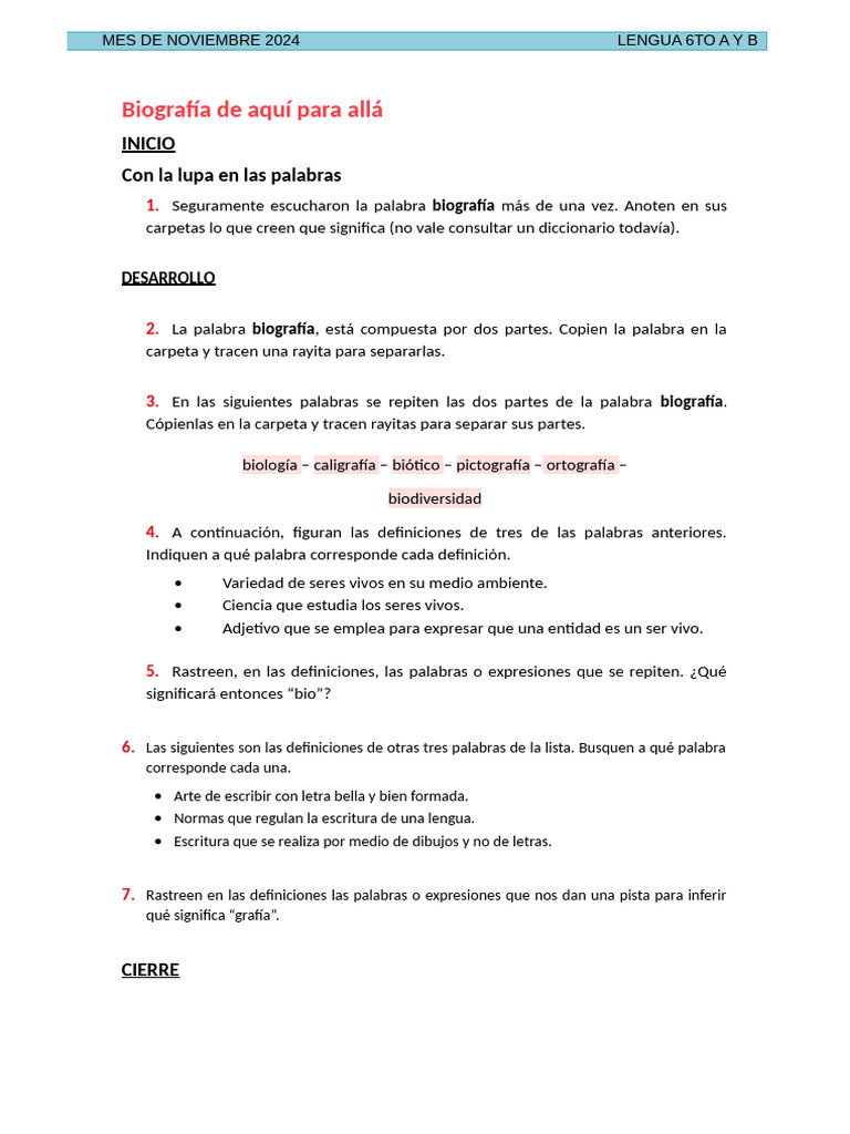 Secuencia 6to - Noviembre - Lengua | PDF | Predicado (Gramática) | Sintaxis