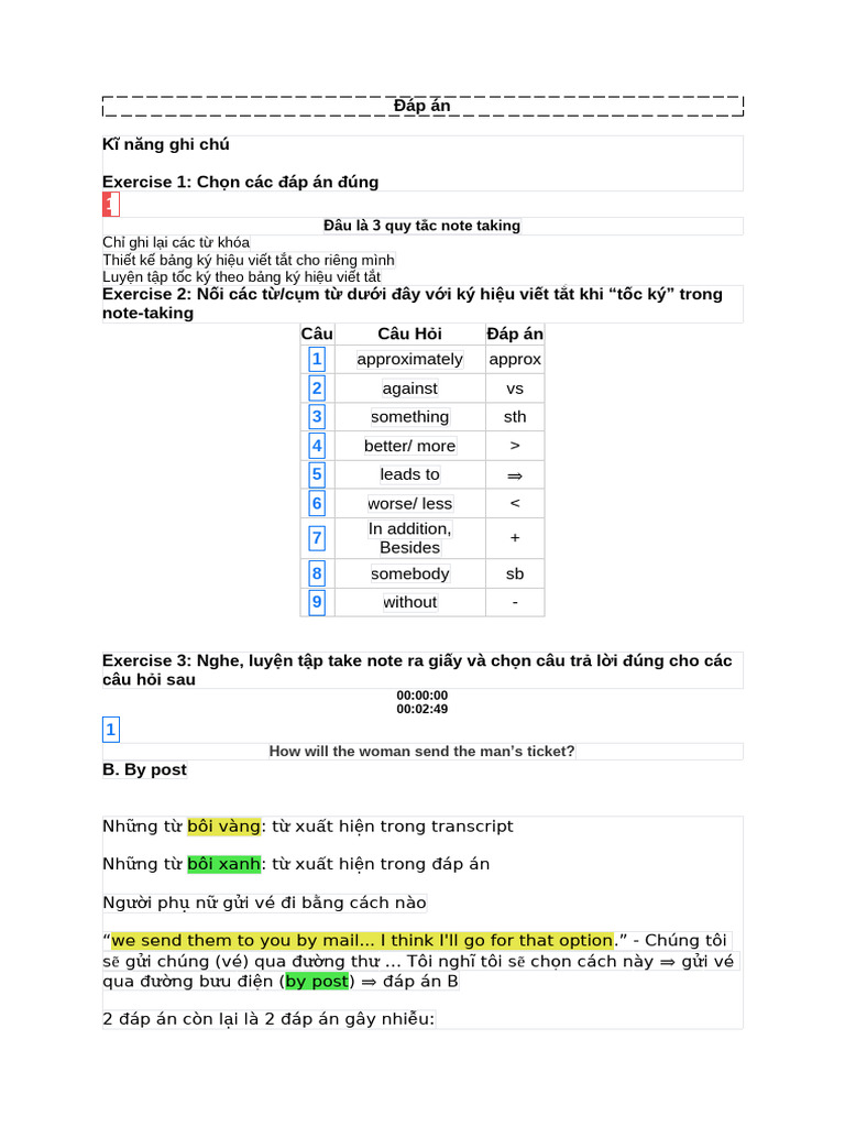 Đáp Án - Kĩ Năng Ghi Chú | PDF