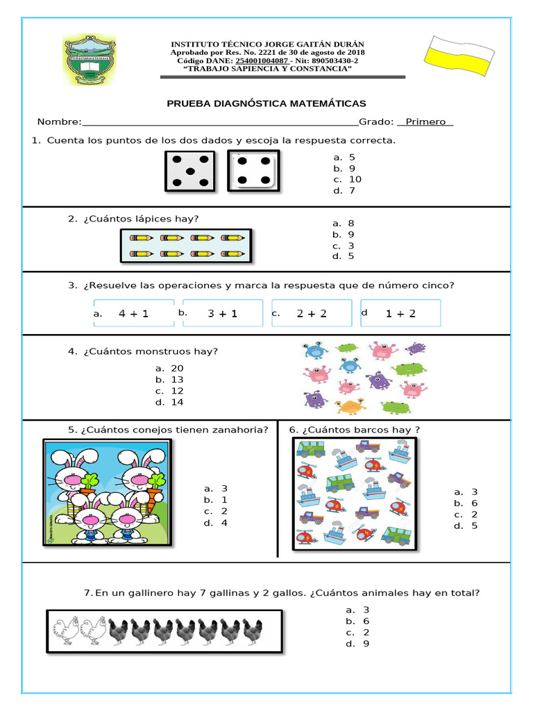 Diagnóstico Matemáticas Primero | PDF