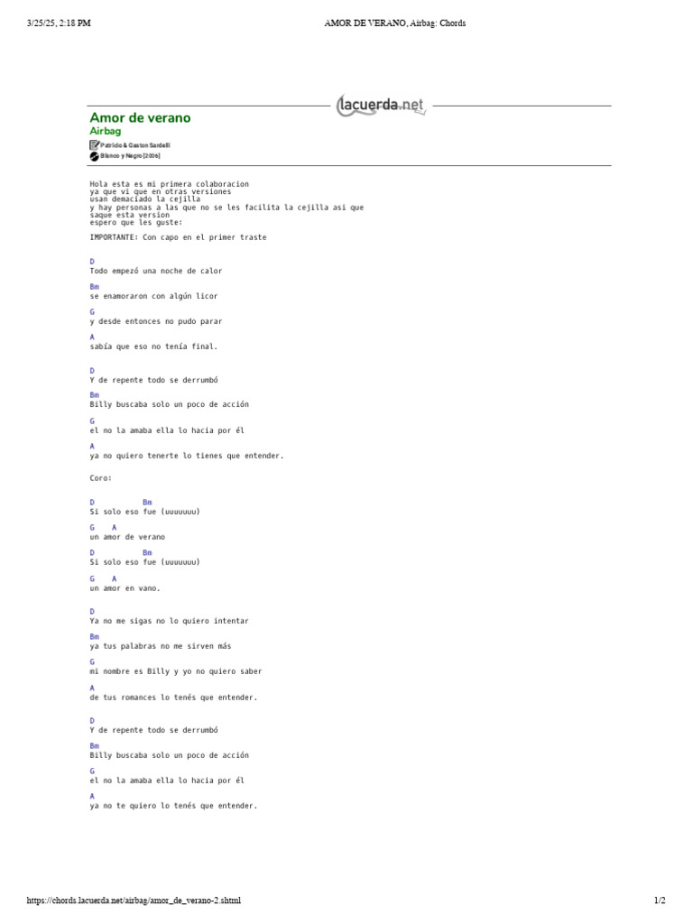 AMOR DE VERANO, Airbag - Chords | PDF