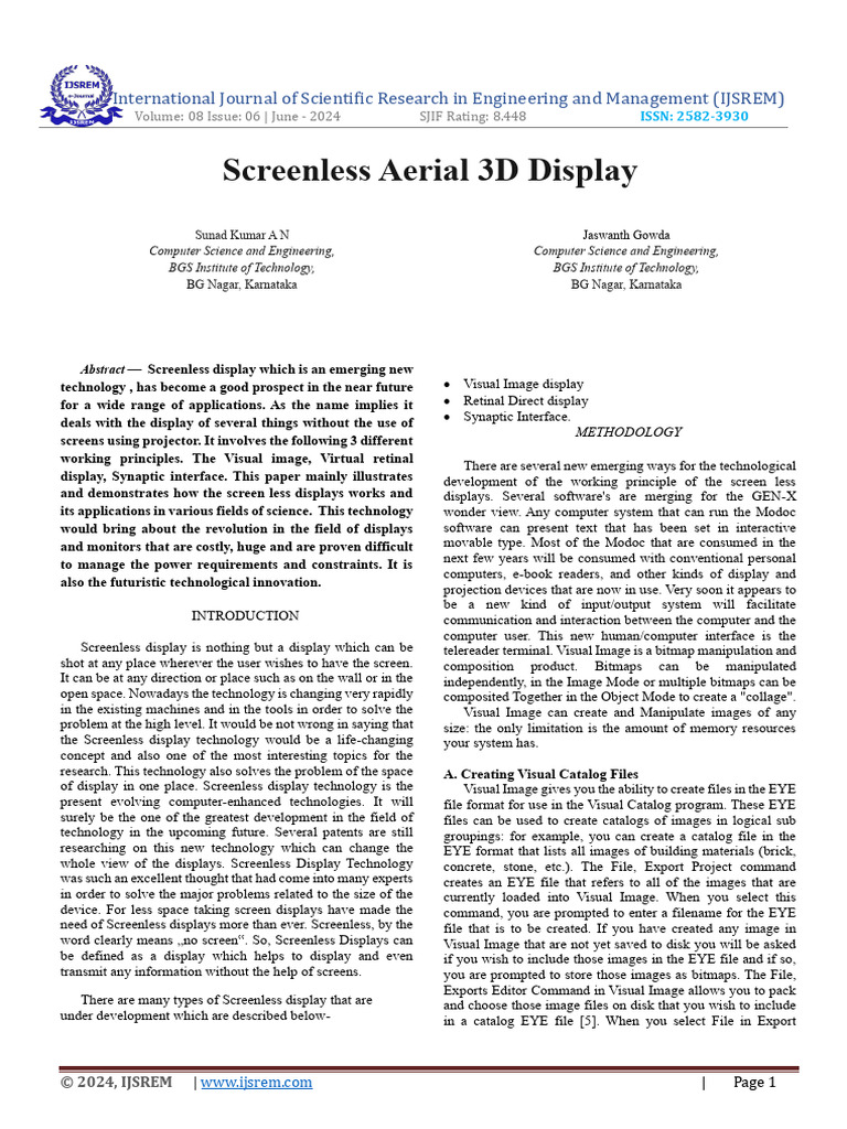 Research Paper of Screenless Display | PDF | Holography | Eye