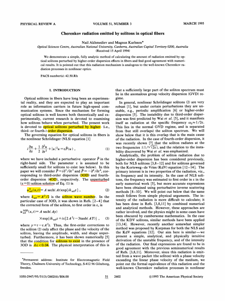 1995pra 孤子cherenkov辐射cherenkov Radiation Emitted By Solitons In Optical Fibers Pdf Nonlinear