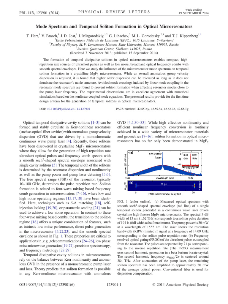 2014prl Mode Spectrum and Temporal Soliton Formation in Optical Microresonators | PDF ...