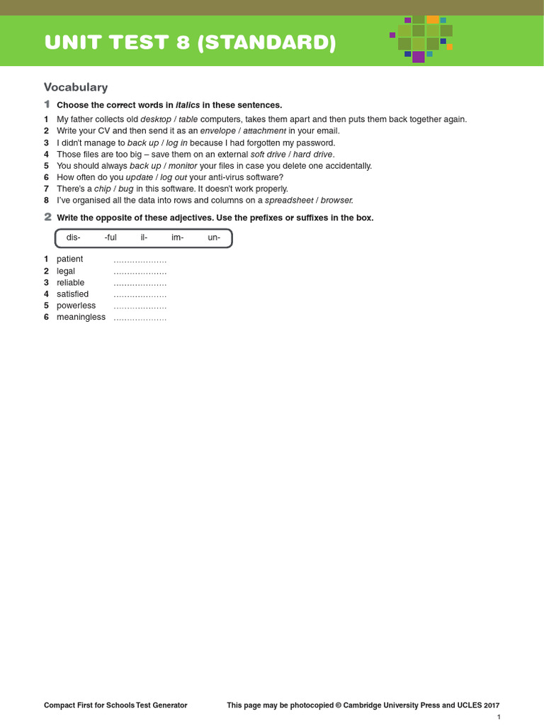 Compact First for Schools Test Generator_Unit Test 8_ (Standard) | PDF ...