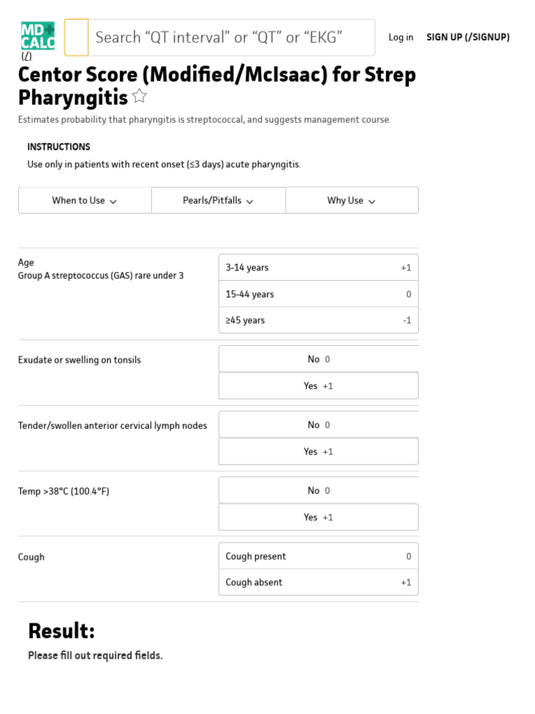 Centor Score (Modified - McIsaac) For Strep Pharyngitis - MDCalc | PDF | Medical Specialties ...