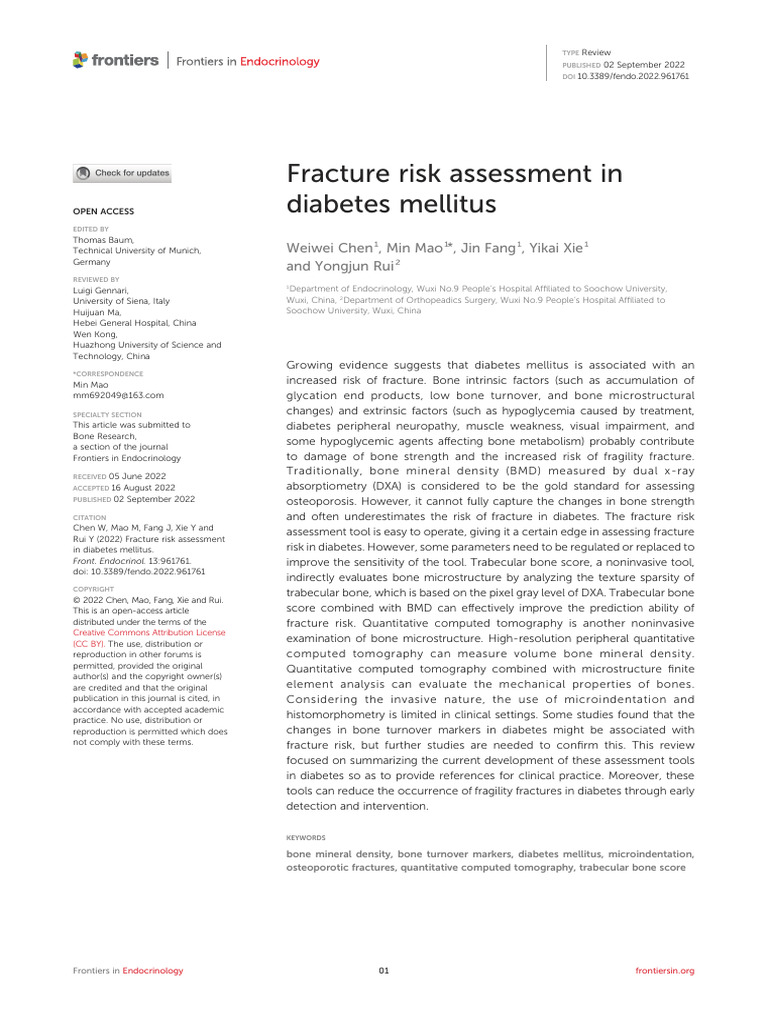 Fracture Risk Assessment in Diabetes Mellitus | PDF | Osteoporosis ...