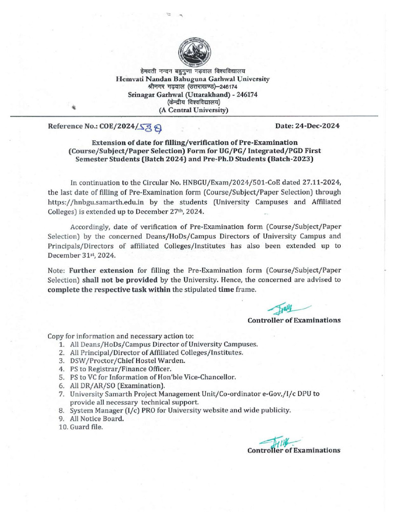 Date Extension For Pre Examination Form | PDF