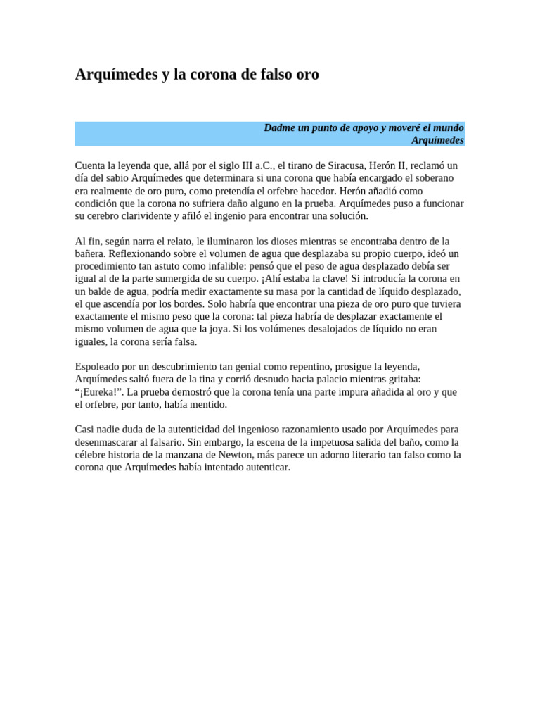 Arquímedes y la prueba de la corona | PDF
