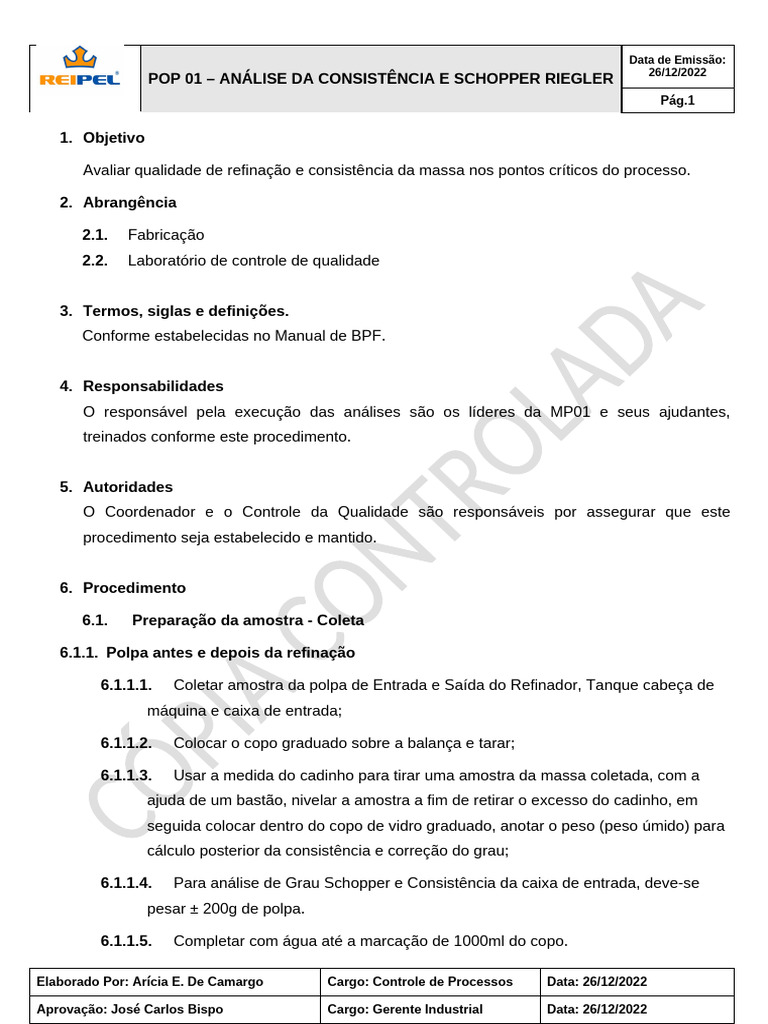 POP 01 - Análise de Schopper Riegler e Consistência | PDF