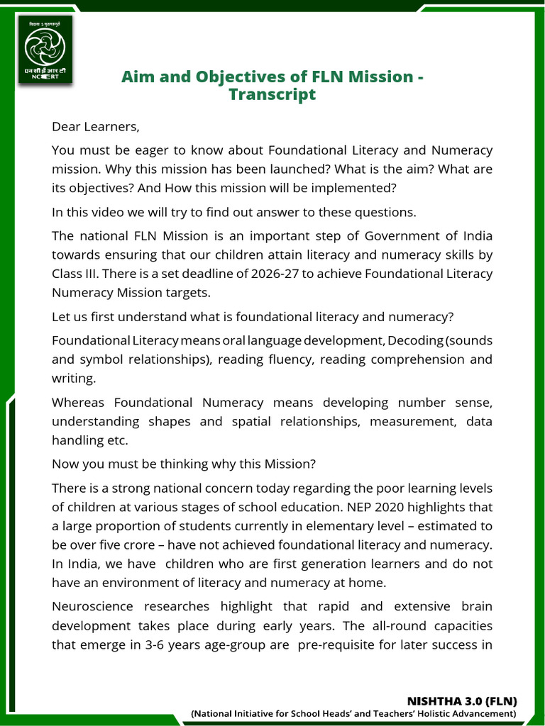 Aim and Objectives of FLN Mission - Transcript | PDF | Literacy | Teachers