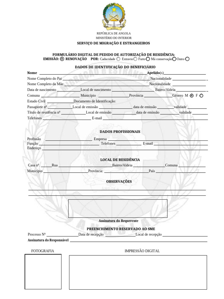 Formulário de Pedido de Título de Residência | PDF