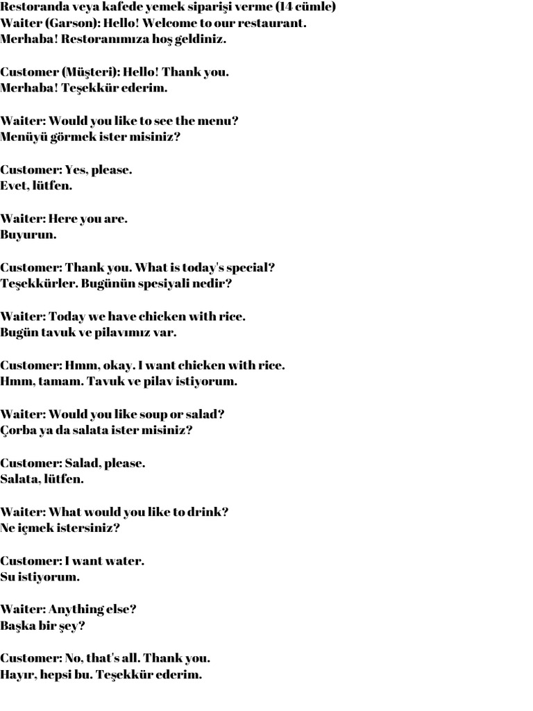 Restoranda Veya Kafede Yemek Siparişi Verme (14 Cümle) Waiter (Garson ...