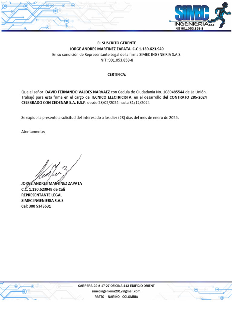 Certlaboral - David Fernando Valdes Narvaez | PDF