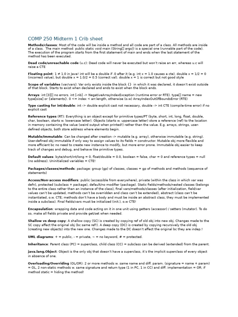 COMP 250 Midterm 1 Crib Sheet | PDF | Method (Computer Programming) | Inheritance (Object ...
