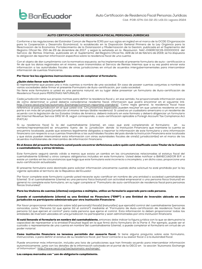 FOR GTN 04 02 15 Auto Certificación de Residencia Fiscal Personas ...