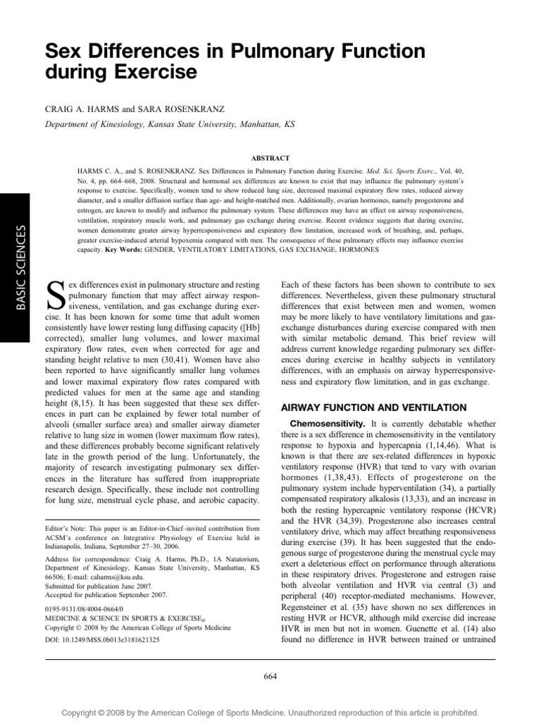 2008 Sex Differences In Pulmonary Function During Exercise Pdf Lung Exhalation