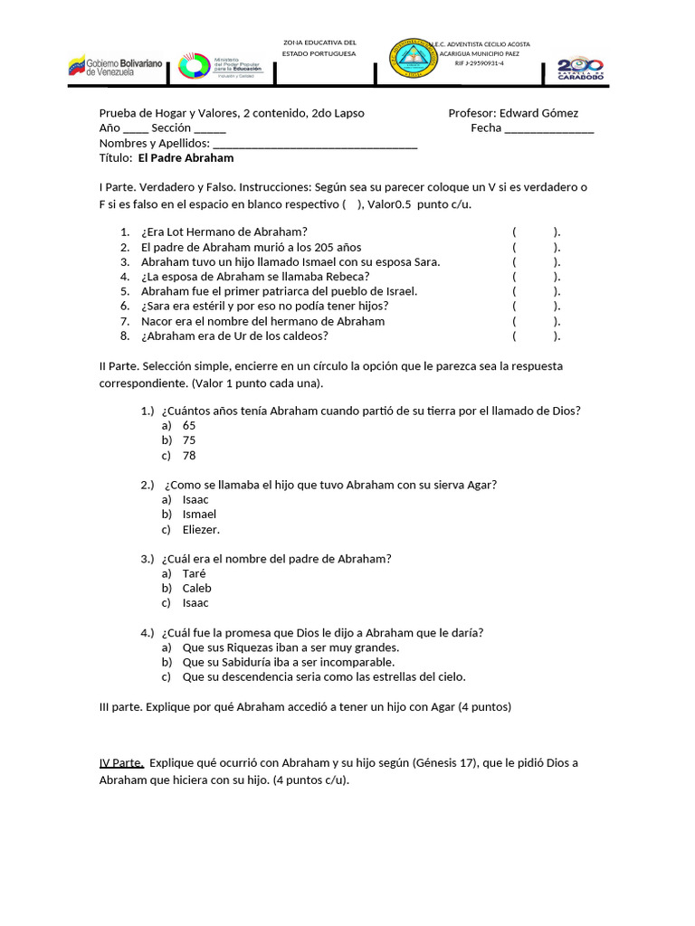 1 Prueba Hogar, Abraham | PDF | Abrahán | Ismael