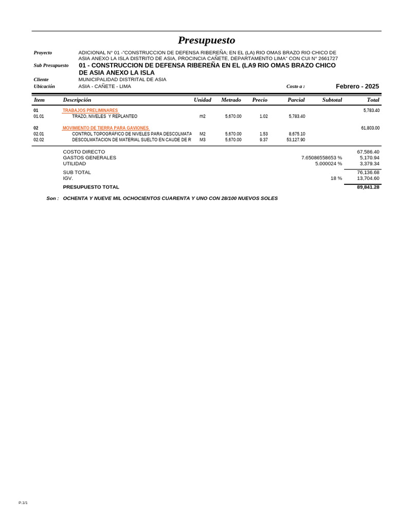 Presupuesto Adicional #01 | PDF