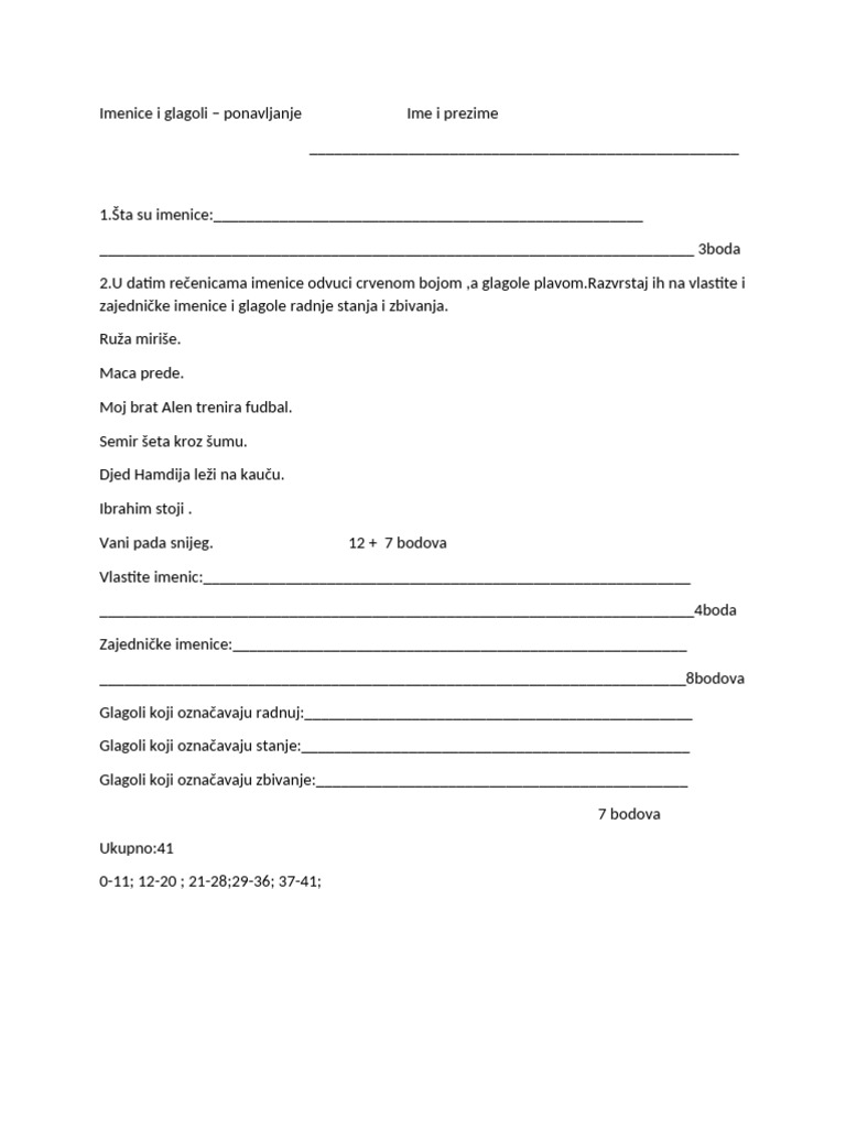 Imenice I Glagoli Vježba | PDF