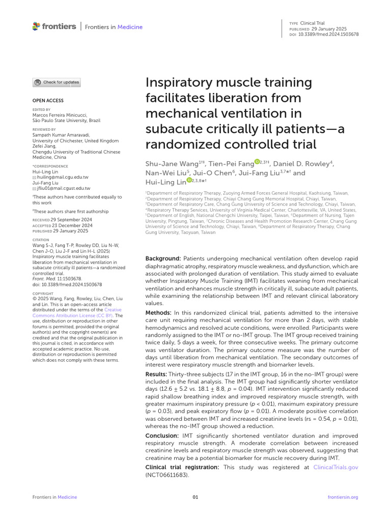 Inspiratory muscle training facilitates liberation from mechanical ...