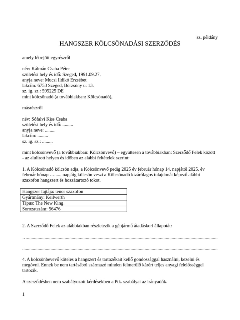 Gepjarmu Kolcsonadasi Szerzodes | PDF